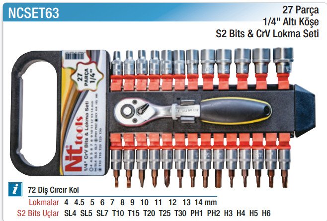 Nt Tools NCSET63 1/4″ Bits ve Altıköşe Lokma Seti 27 Parça - WELDMAC