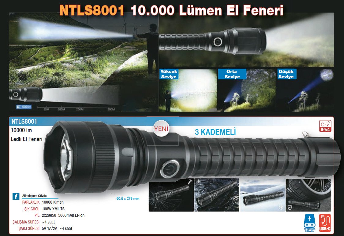 Nttools Ntlights 10000 Lümen Çok Parlak Zoom Özellikli Usb Şarjlı El ...
